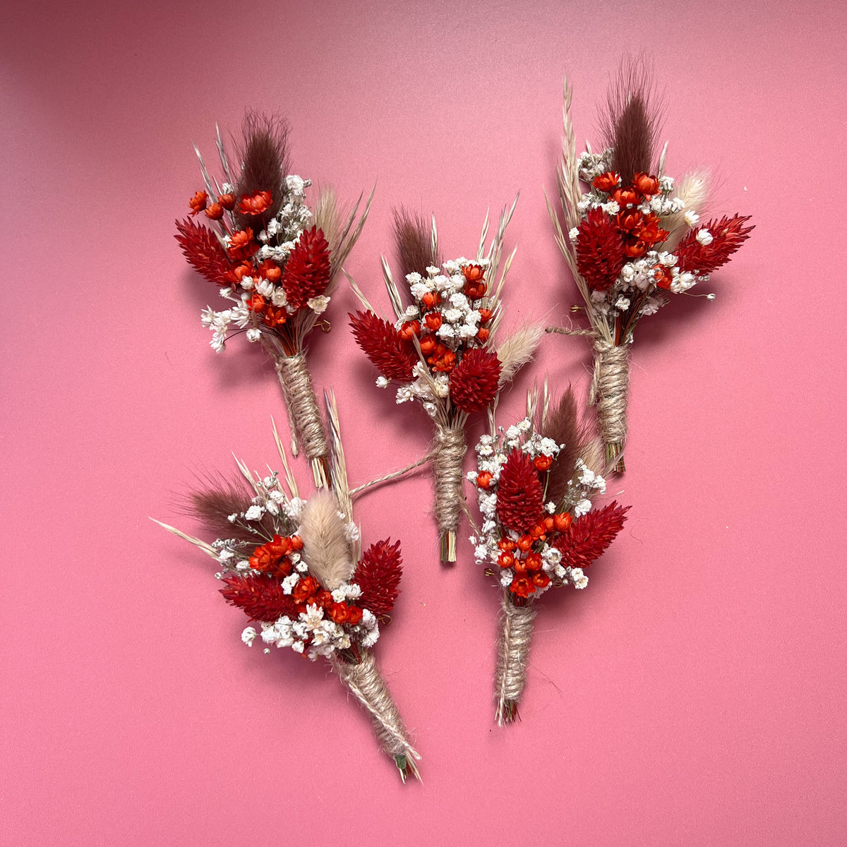 Burnt Orange Boho Dried Flower Buttonholes – Bubble and Berry
